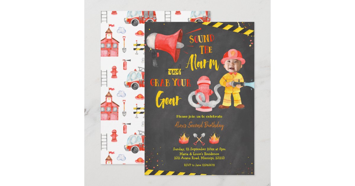 Chalkboard Little Firefighter with photo Invitation | Zazzle