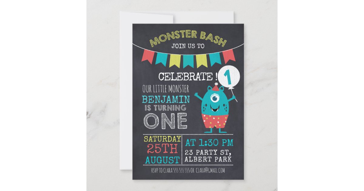Chalkboard Monster 1sr Birthday Invitation | Zazzle