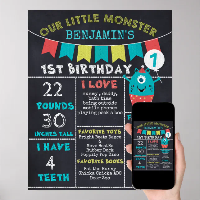 Chalkboard Monster Milestones 1st Birthday Poster | Zazzle