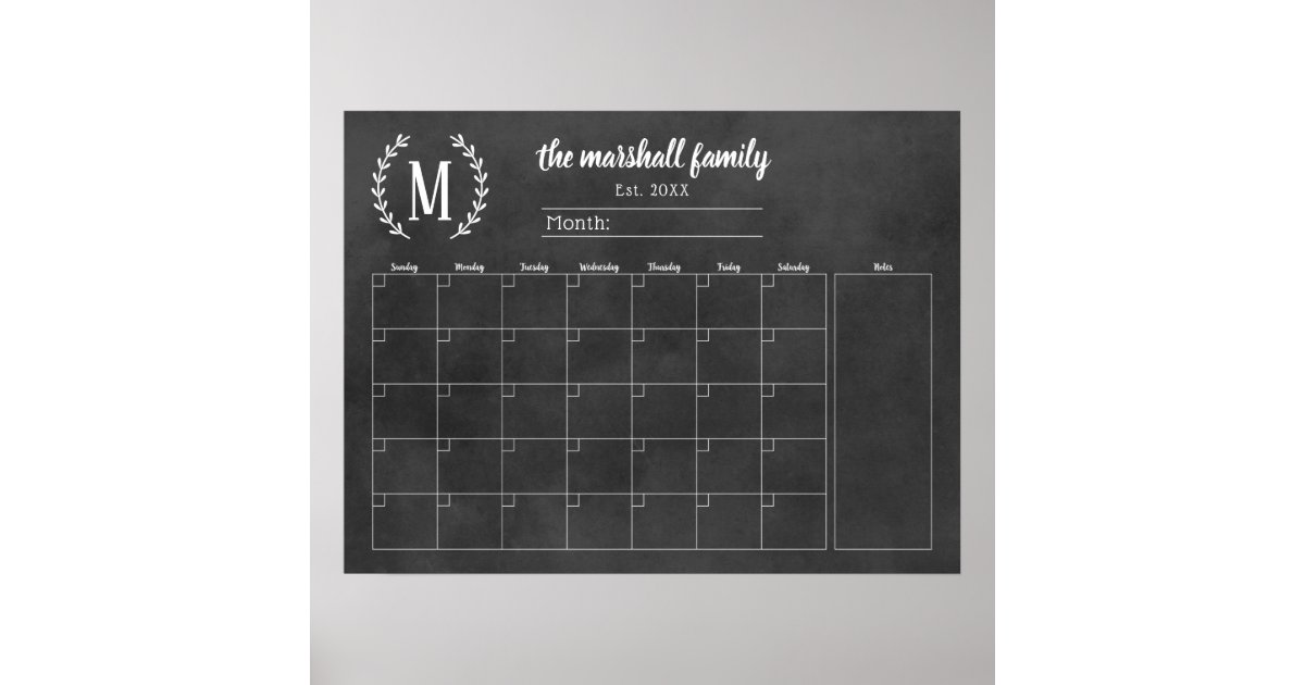 Chalkboard Monthly Family Monogram Calendar Poster | Zazzle