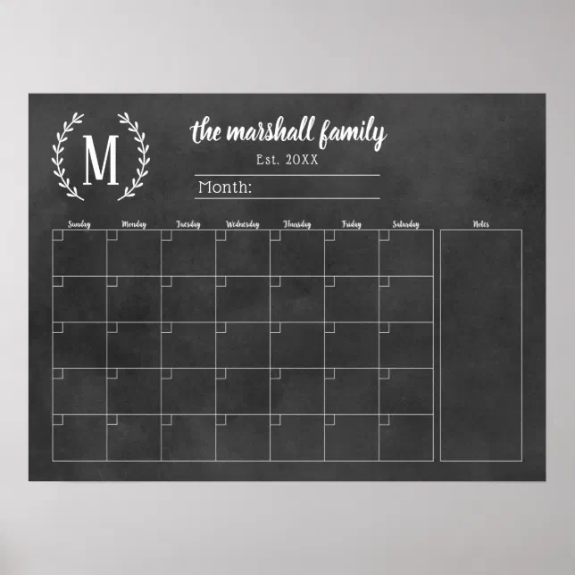 Chalkboard Monthly Family Monogram Calendar Poster | Zazzle