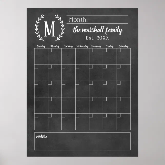 Chalkboard Monthly Family Monogram Calendar Poster | Zazzle