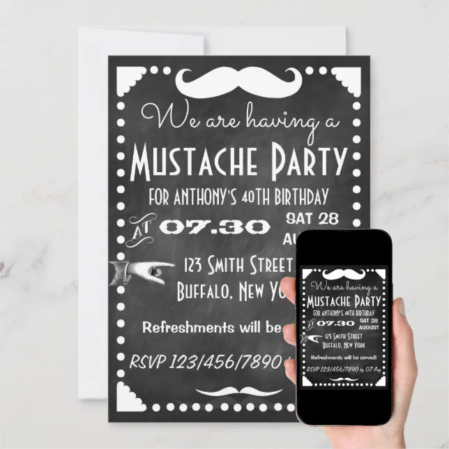 Chalkboard Mustache Party Invitation | Zazzle