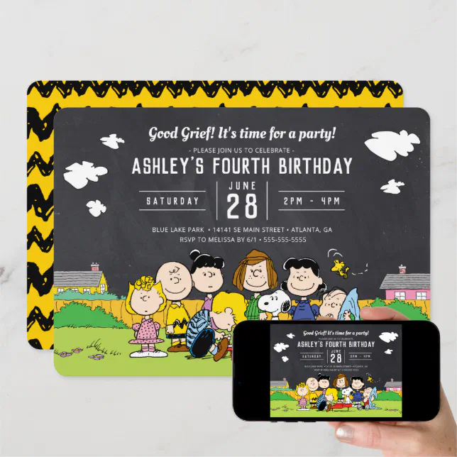Chalkboard Peanuts Charlie Brown and Gang Birthday Invitation | Zazzle
