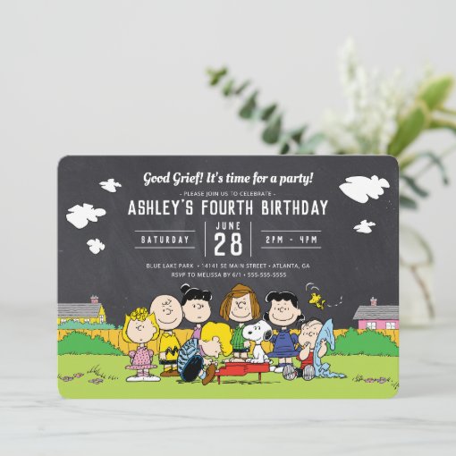 Chalkboard Peanuts Charlie Brown and Gang Birthday Invitation | Zazzle