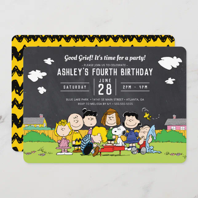Chalkboard Peanuts Charlie Brown and Gang Birthday Invitation | Zazzle