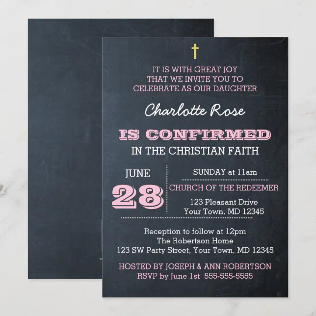 Chalkboard Pink Confirmation Invitation | Zazzle
