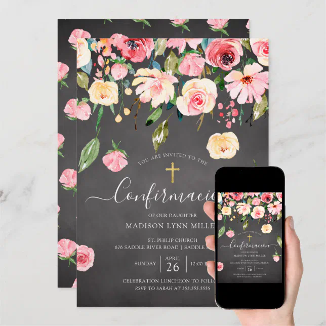 Chalkboard Pink Peonies Rose Spanish Confirmation Invitation | Zazzle