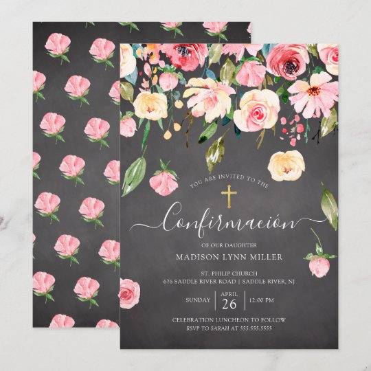 Chalkboard Pink Peonies Rose Spanish Confirmation Invitation | Zazzle.com
