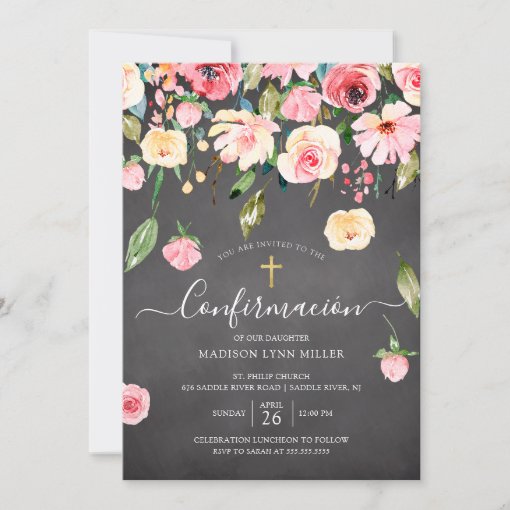 Chalkboard Pink Peonies Rose Spanish Confirmation Invitation | Zazzle