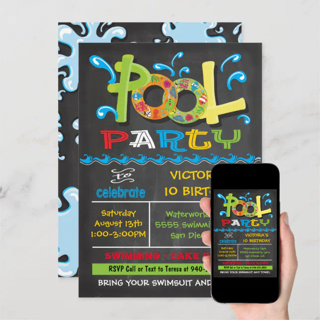 Chalkboard Pool Party with water splashes Invitation | Zazzle
