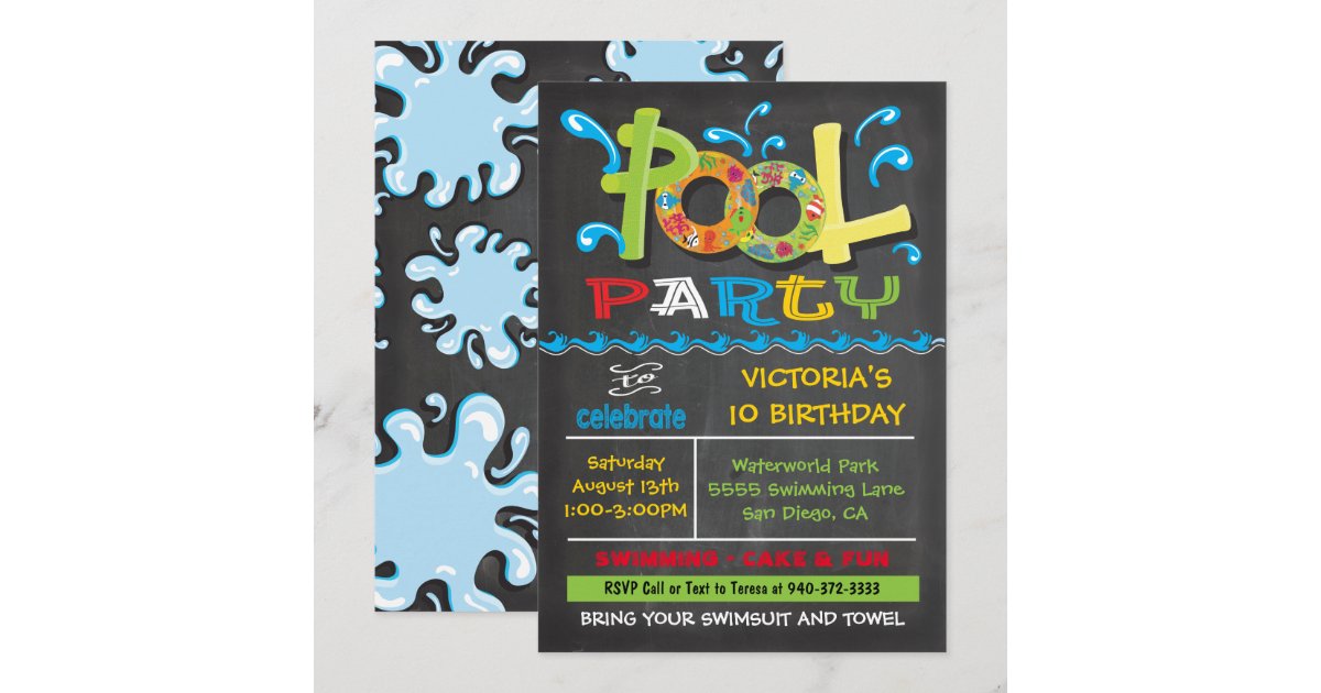 Chalkboard Pool Party with water splashes Invitation | Zazzle.com