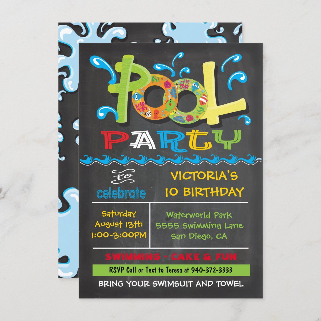 Chalkboard Pool Party with water splashes Invitation | Zazzle