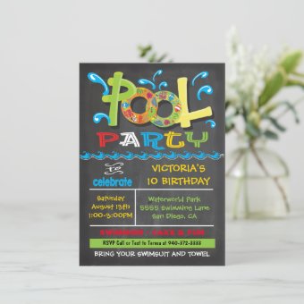 Chalkboard Pool Party with water splashes Invitation | Zazzle