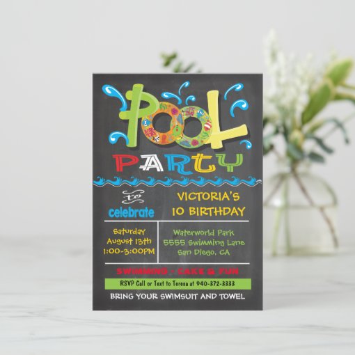 Chalkboard Pool Party with water splashes Invitation | Zazzle