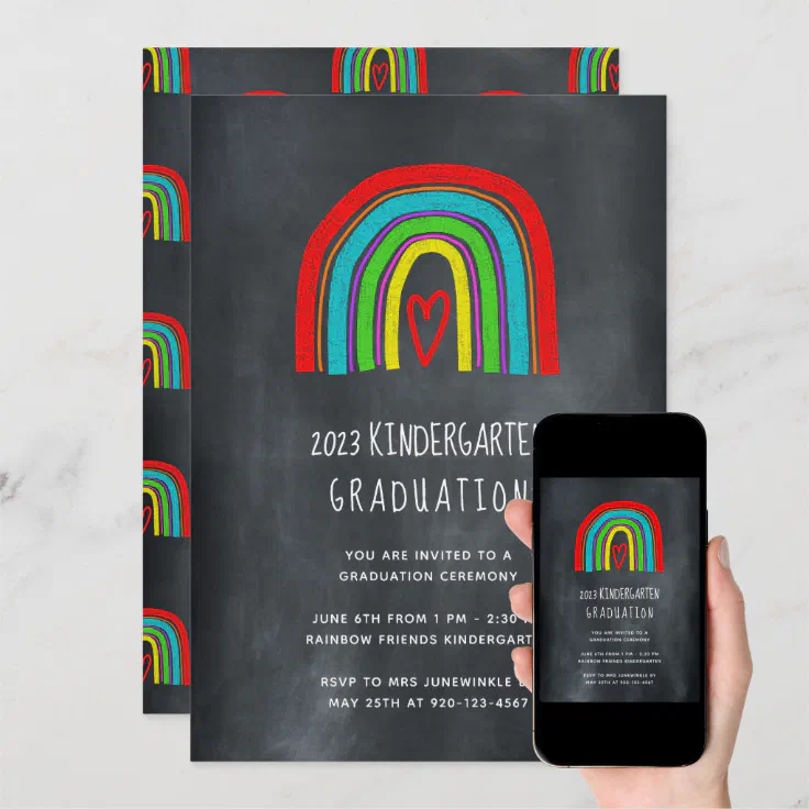 Chalkboard Rainbow Kindergarten Graduation Invitation | Zazzle