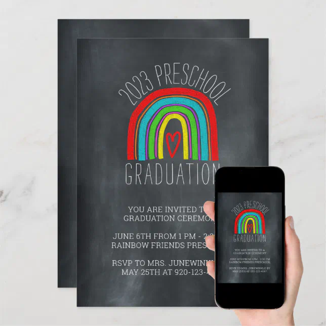 Chalkboard Rainbow Preschool Graduation Invitation | Zazzle