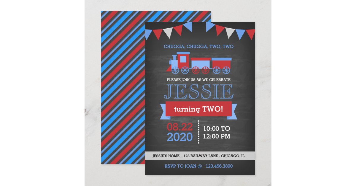 Chalkboard Red and Blue Train Birthday Invitation | Zazzle