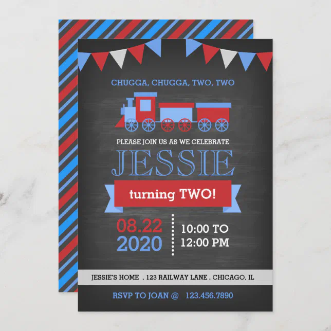 Chalkboard Red and Blue Train Birthday Invitation | Zazzle