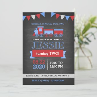 Chalkboard Red and Blue Train Birthday Invitation | Zazzle