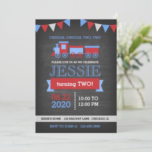 Chalkboard Red and Blue Train Birthday Invitation | Zazzle