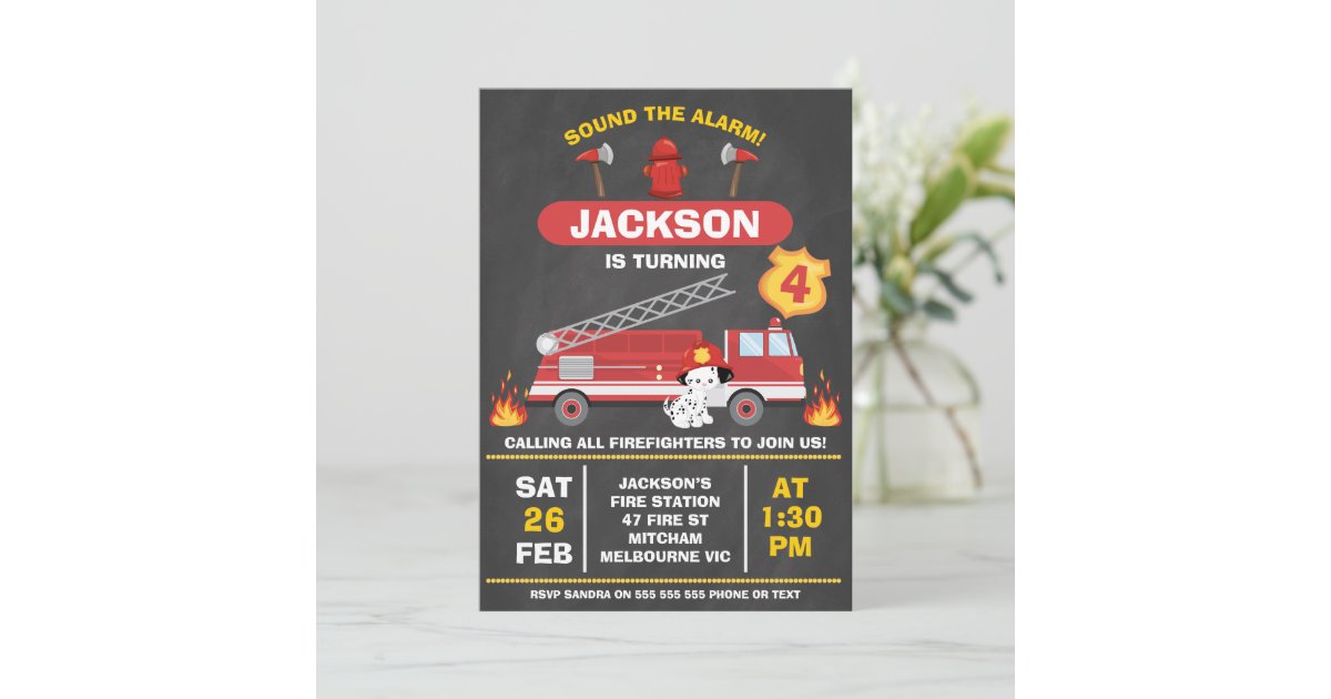 Chalkboard Red Firefighter Fire Engine Birthday Invitation | Zazzle