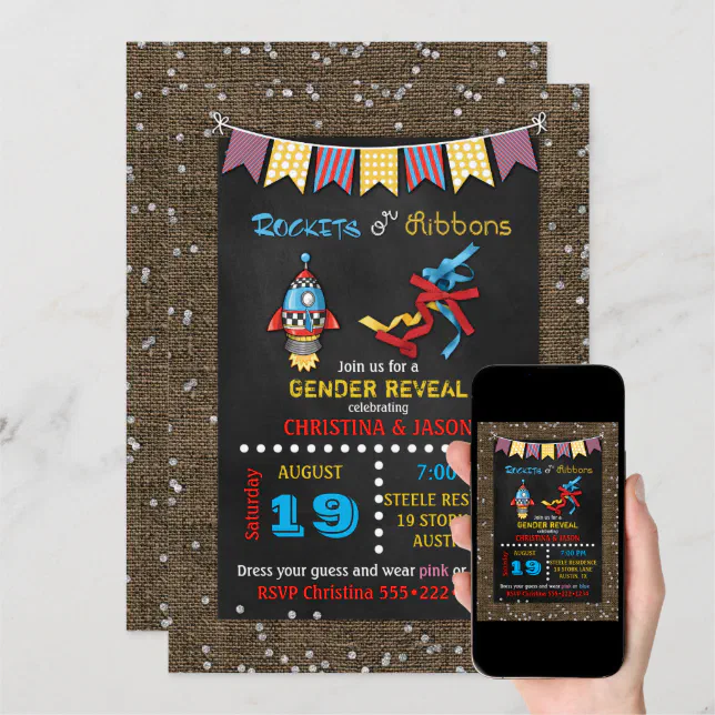Chalkboard Rockets or Ribbons Gender Reveal Invitation | Zazzle