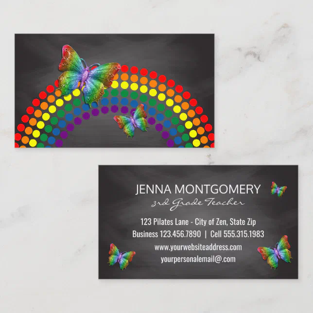 Chalkboard School Teacher | Rainbow Butterflies Business Card | Zazzle