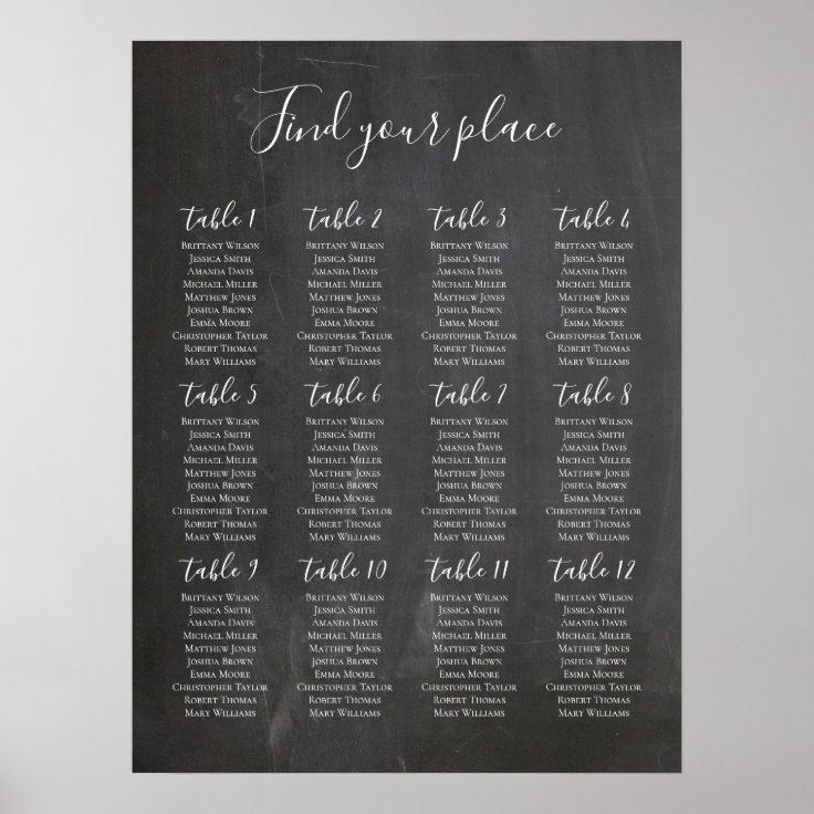 Chalkboard seating chart print. Modern wedding | Zazzle