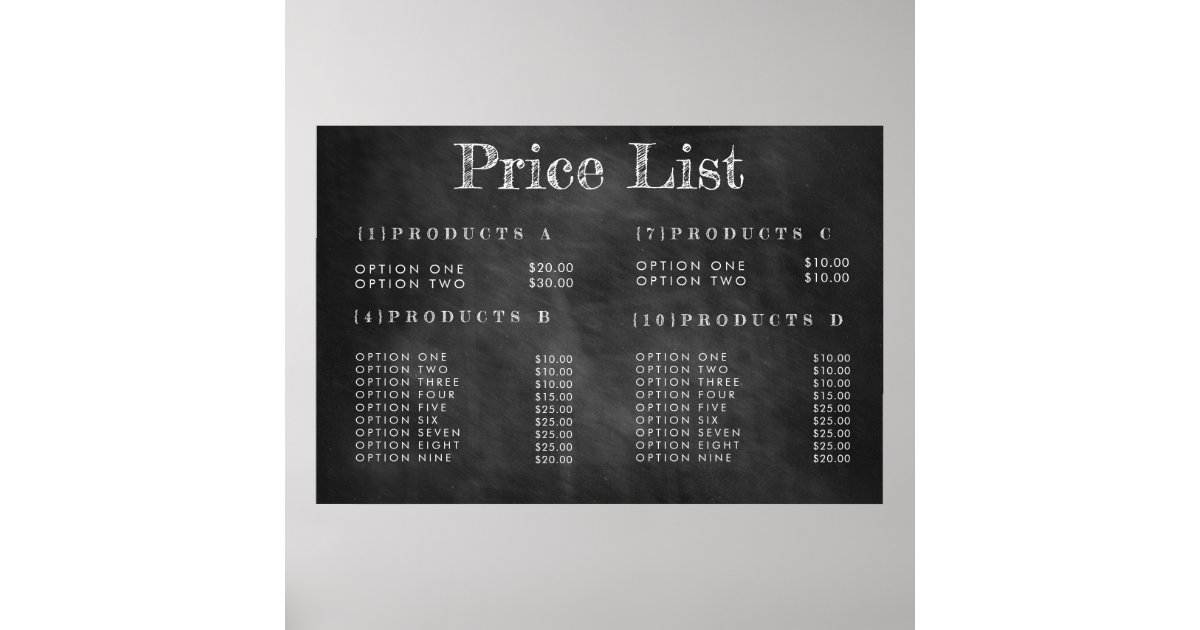 CHALKBOARD Service Price Menu Custom Print Poster | Zazzle