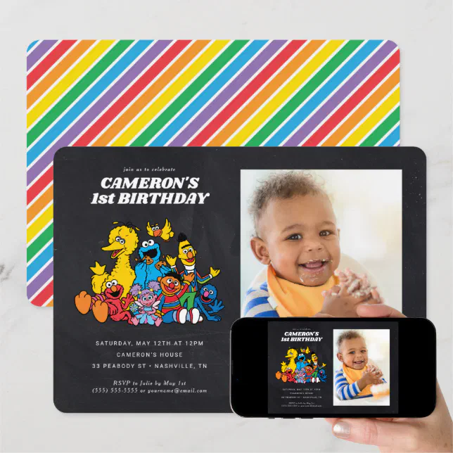 Chalkboard Sesame Street 1st Birthday with Photo Invitation | Zazzle