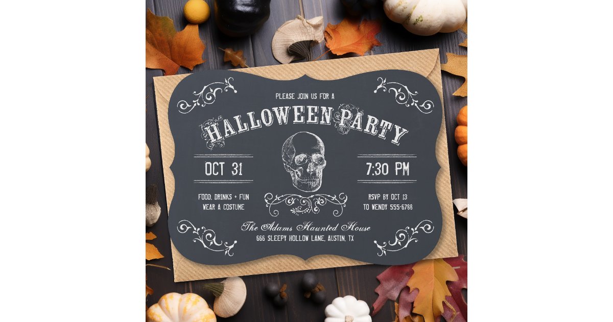 Chalkboard Skull Halloween Costume Party Invitation | Zazzle