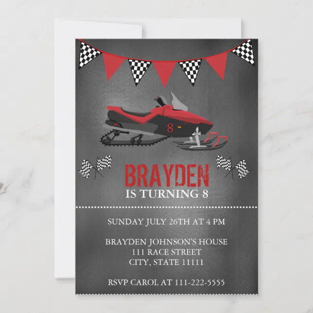 Chalkboard Snowmobile Birthday Invitation | Zazzle