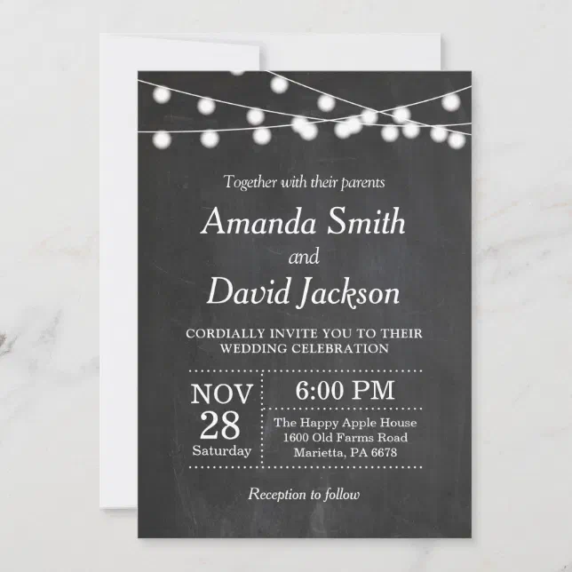 Chalkboard String Lights Wedding Invitation | Zazzle