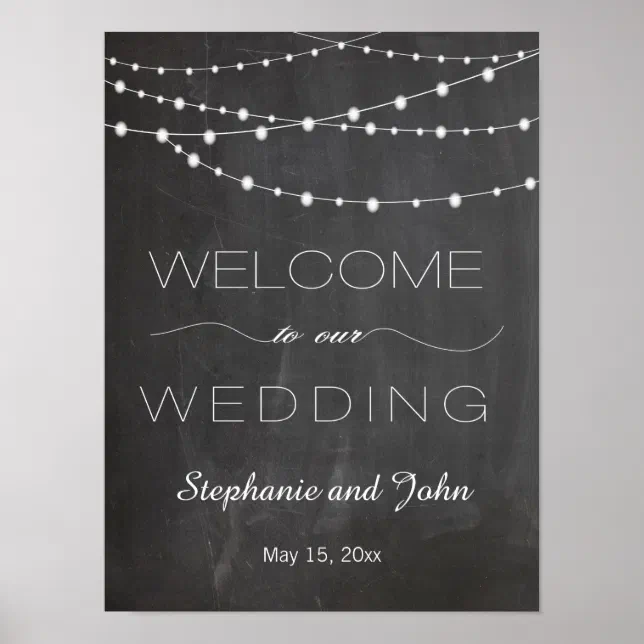 Chalkboard string lights Welcome wedding sign | Zazzle