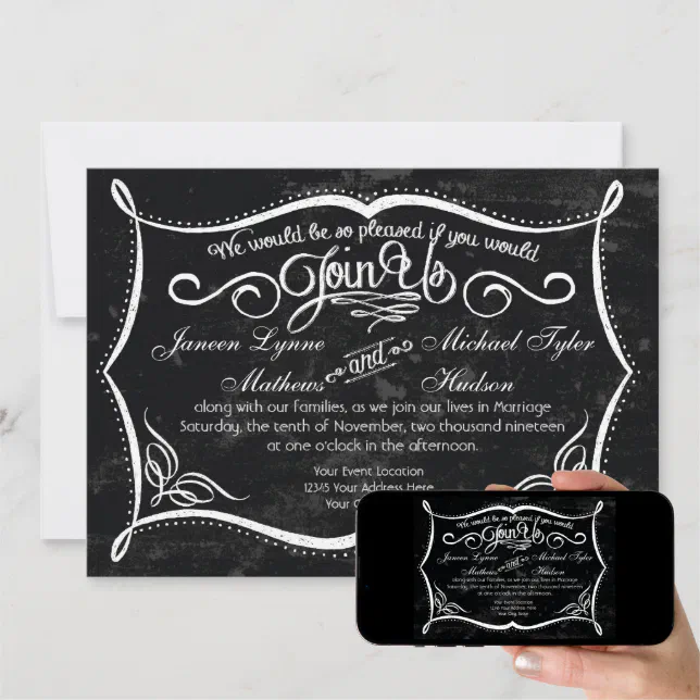 Chalkboard Style Rustic Swirl Typographic Invites | Zazzle