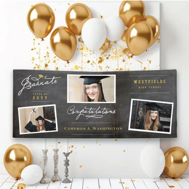 Chalkboard Stylish Script 3 Photo Graduation Party Banner | Zazzle