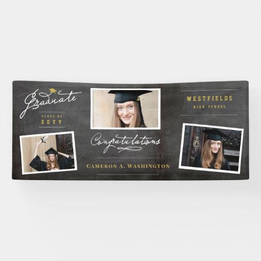 Chalkboard Stylish Script 3 Photo Graduation Party Banner | Zazzle