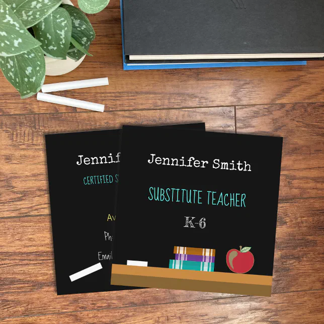 Chalkboard Substitute Teacher Square Business Card | Zazzle
