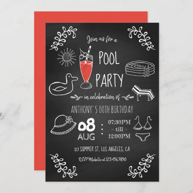 Chalkboard Summer Pool Birthday Party Invitation | Zazzle