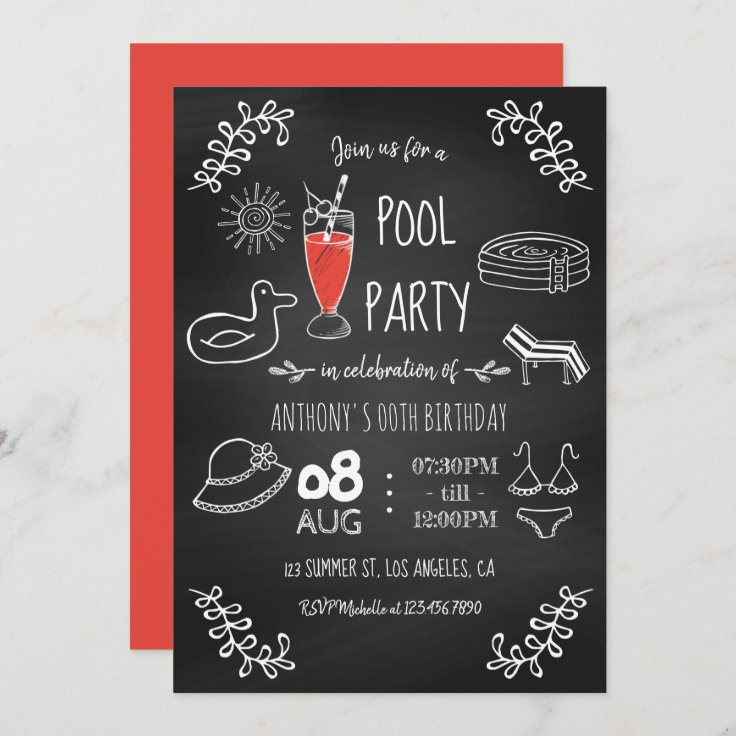 Chalkboard Summer Pool Birthday Party Invitation | Zazzle