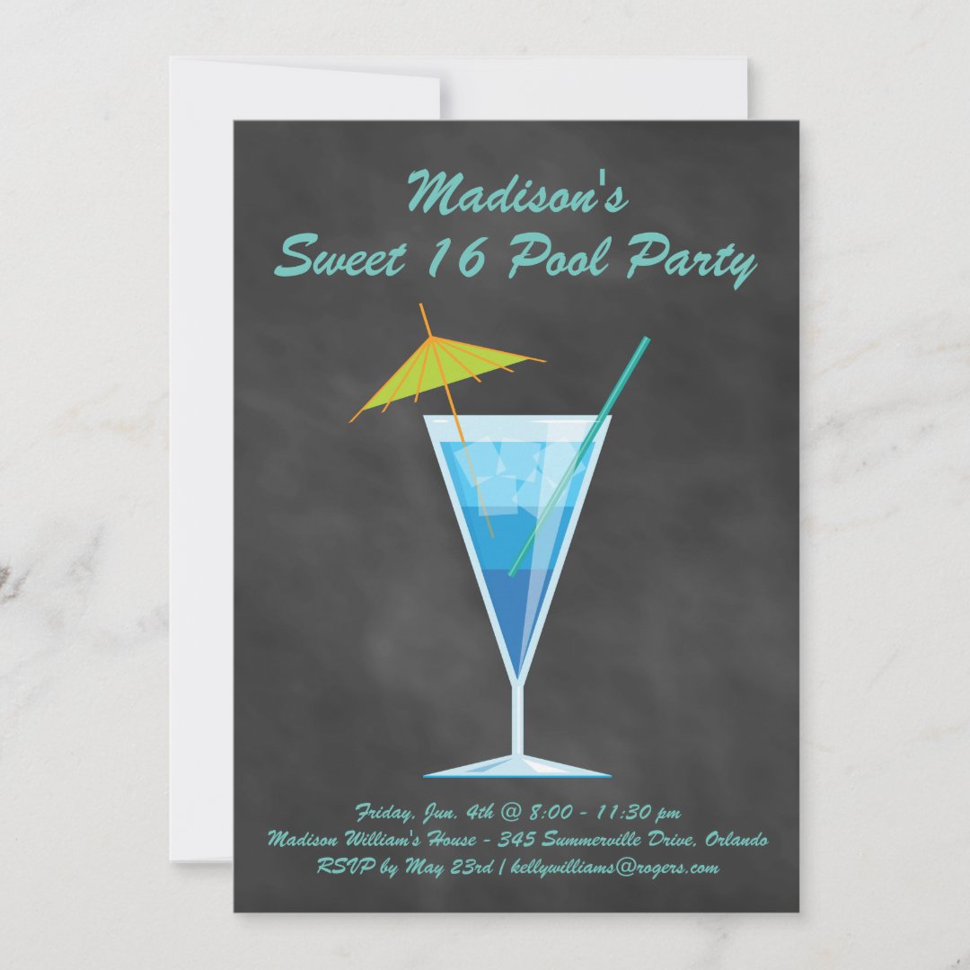 Chalkboard Sweet 16 Pool Party Invitation | Zazzle