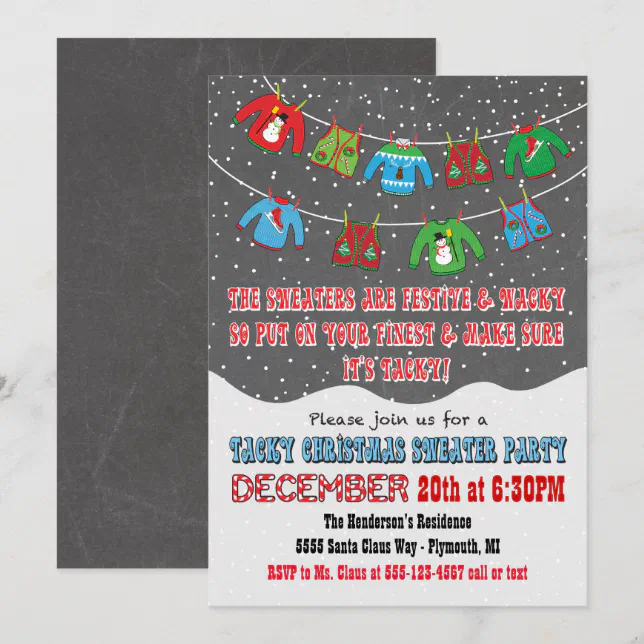 Chalkboard Tacky Christmas Sweater Invitations | Zazzle