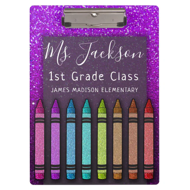 Chalkboard Teacher's Name Rainbow Glitter Crayons Clipboard | Zazzle