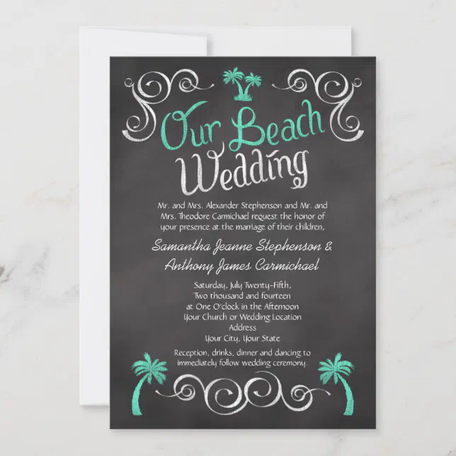 Chalkboard Turquoise Palm Tree Beach Wedding Invitation | Zazzle