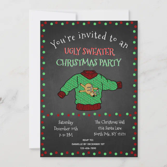 Chalkboard Ugly Sweater Christmas Party Invitation | Zazzle