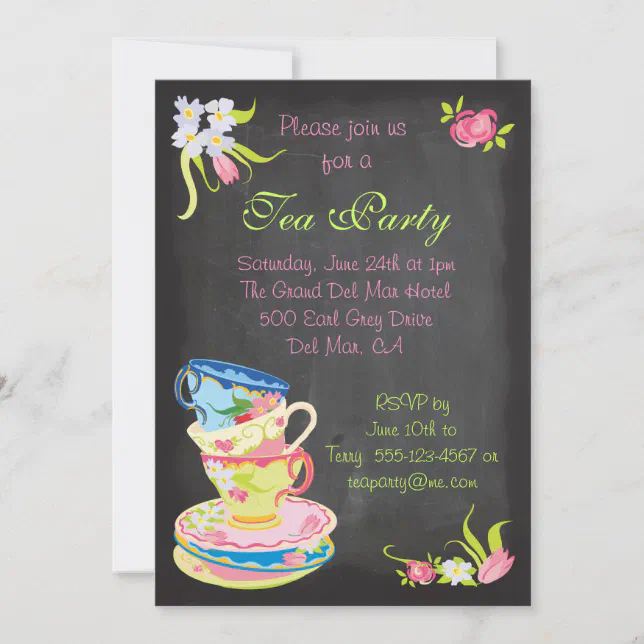 Chalkboard Victorian Stacked Tea Cups Invitation | Zazzle