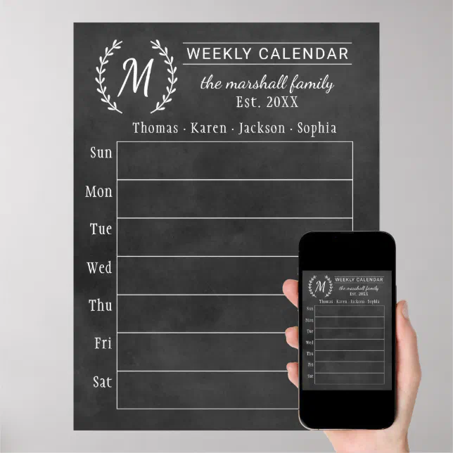 Chalkboard Weekly Family Monogram Calendar Poster | Zazzle