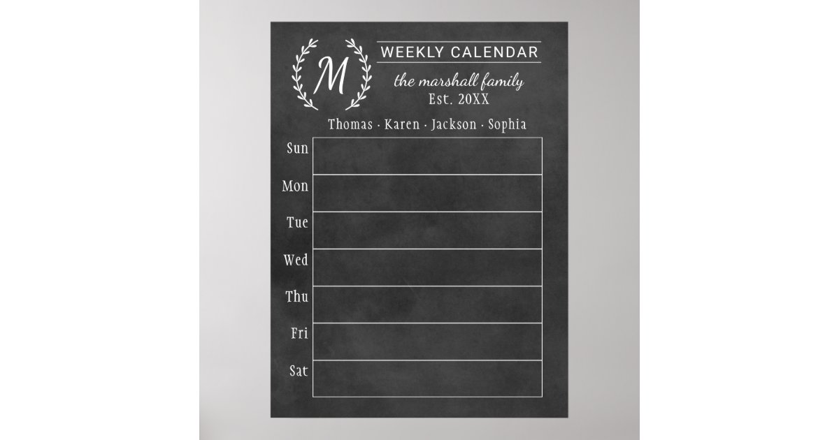Chalkboard Weekly Family Monogram Calendar Poster | Zazzle
