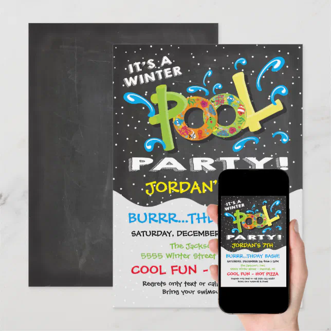 Chalkboard Winter Pool Party Invitation | Zazzle